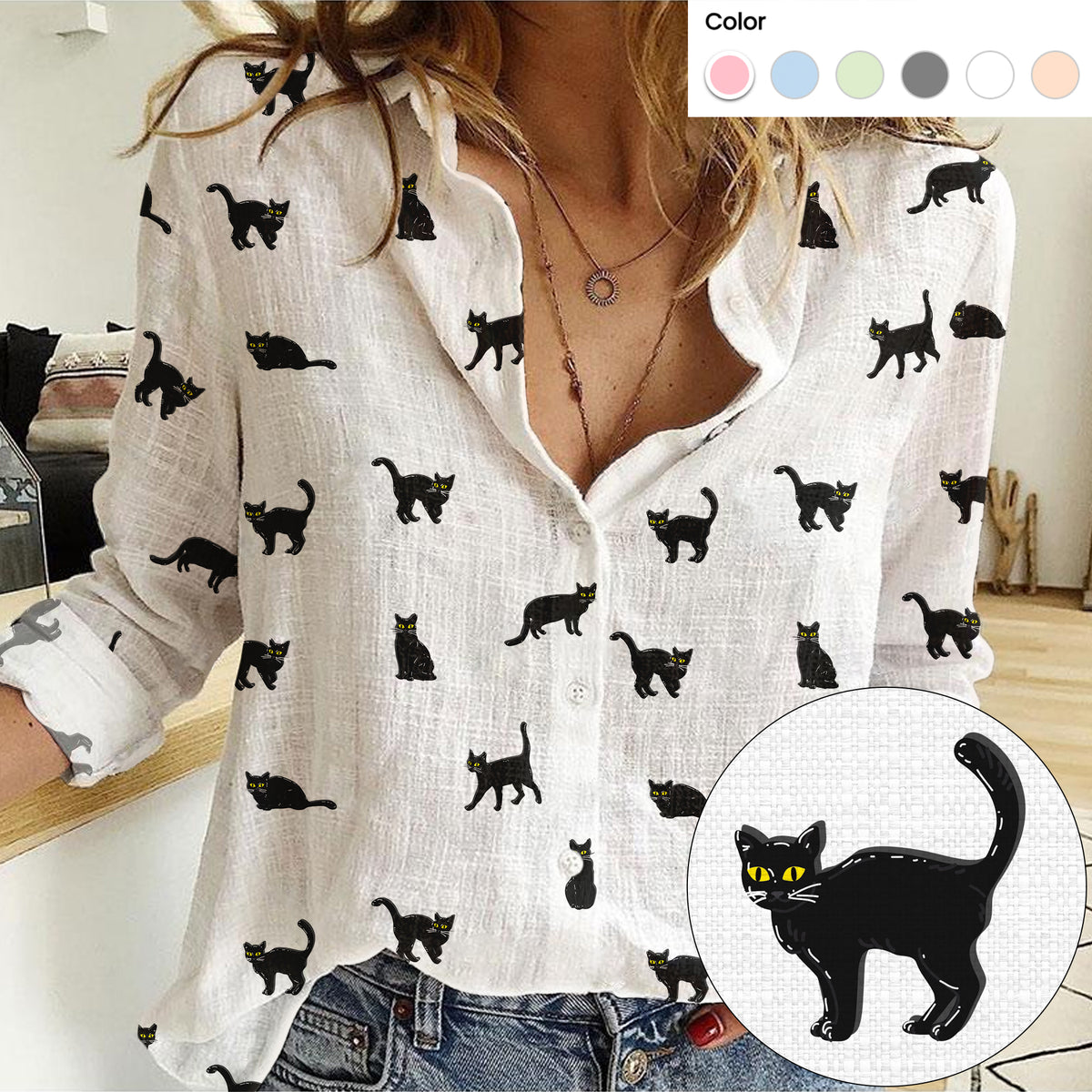Black cat icon pattern Women's Linen Shirts for Cat Lovers – myfunfarm