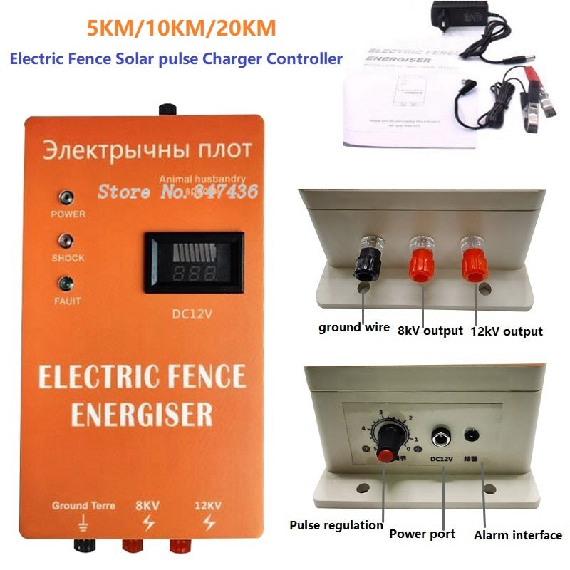 5KM/10/20KM Electric Fence Solar pulse Charger Controller Animal Horse ...