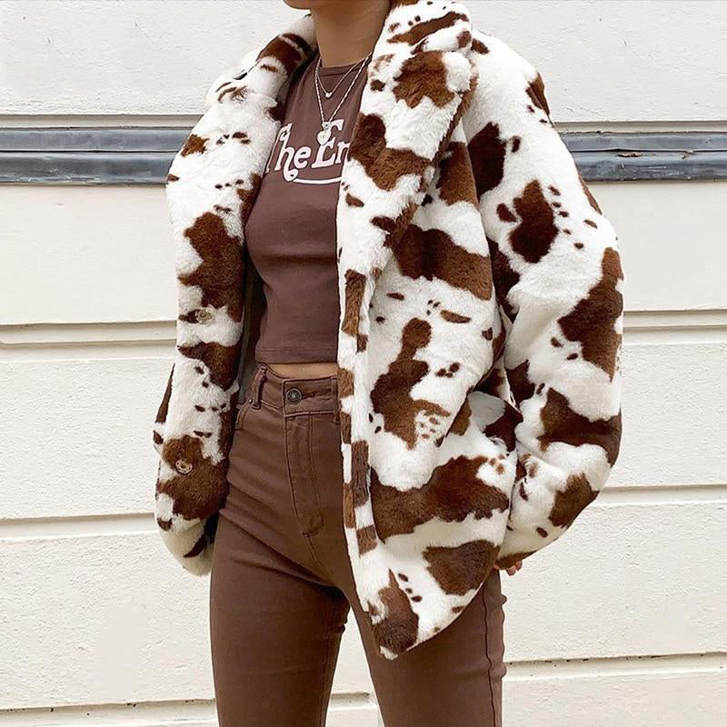 Cow Pattern Brown Coats Streetwear Women Warm Winter – myfunfarm